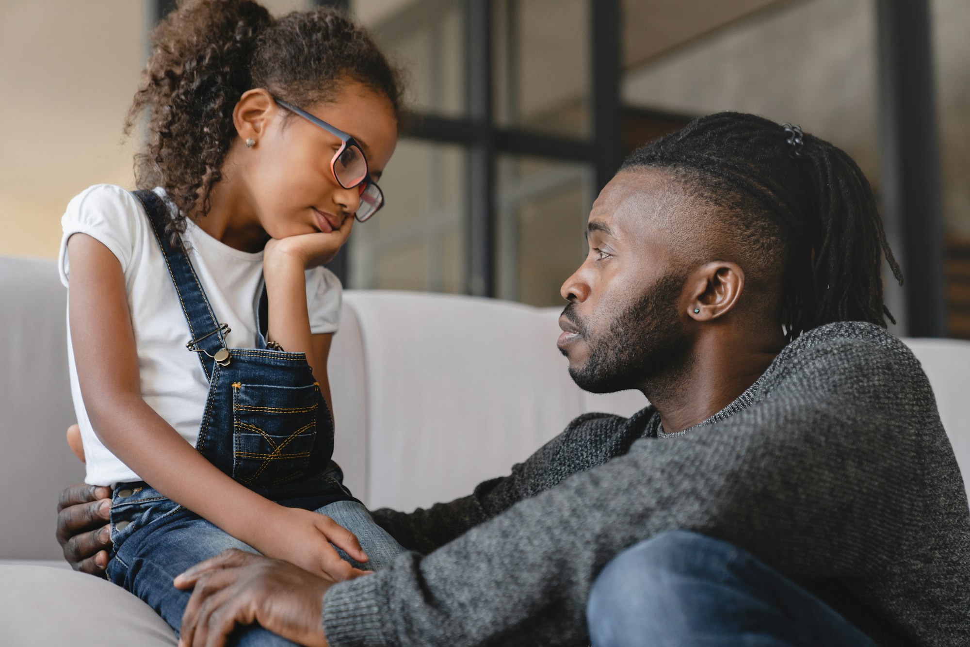 Dad listening to daughter`s problems with attention, supporting and ...